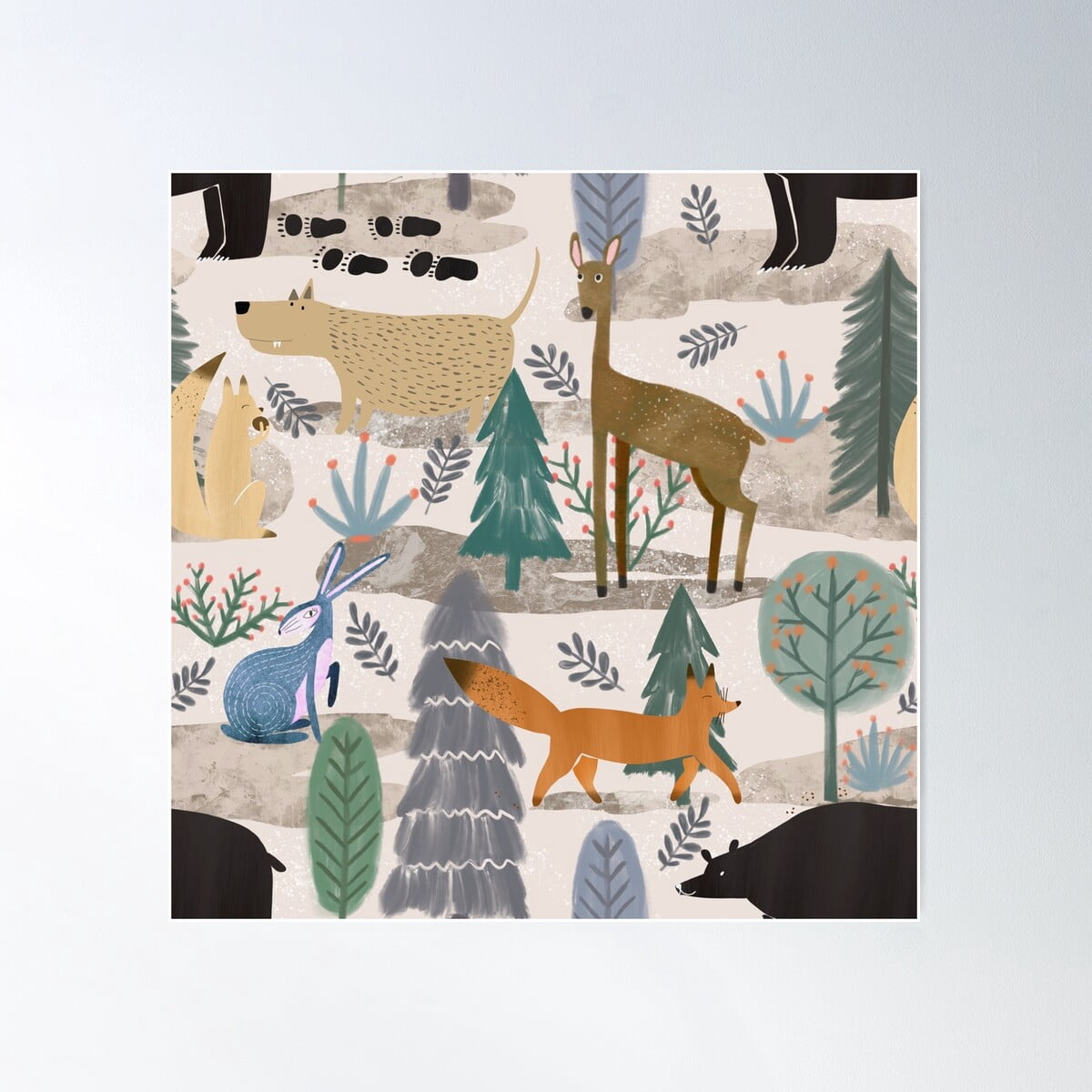 Wild Animals In The Forest Seamless Pattern. Deer, Fox, Bear, Squirrel ...