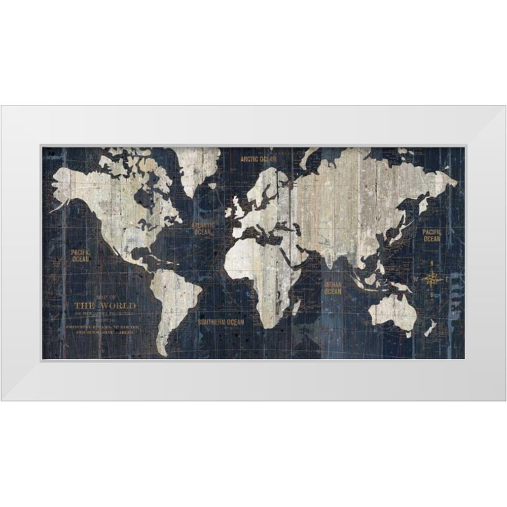 Wild Apple Portfolio 14x9 White Modern Wood Framed Museum Art Print Titled - Old World Map Blue ...