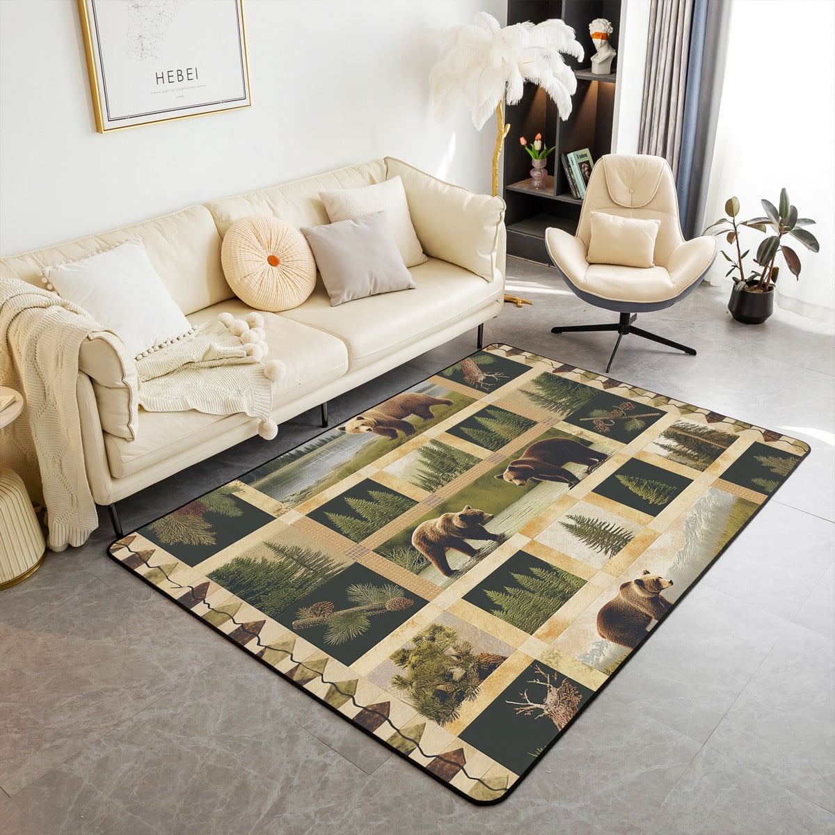 Wild Bear Area Rug 5x6'6'',Rustic Lodge Cabin Jungle Pine Trees Adults ...