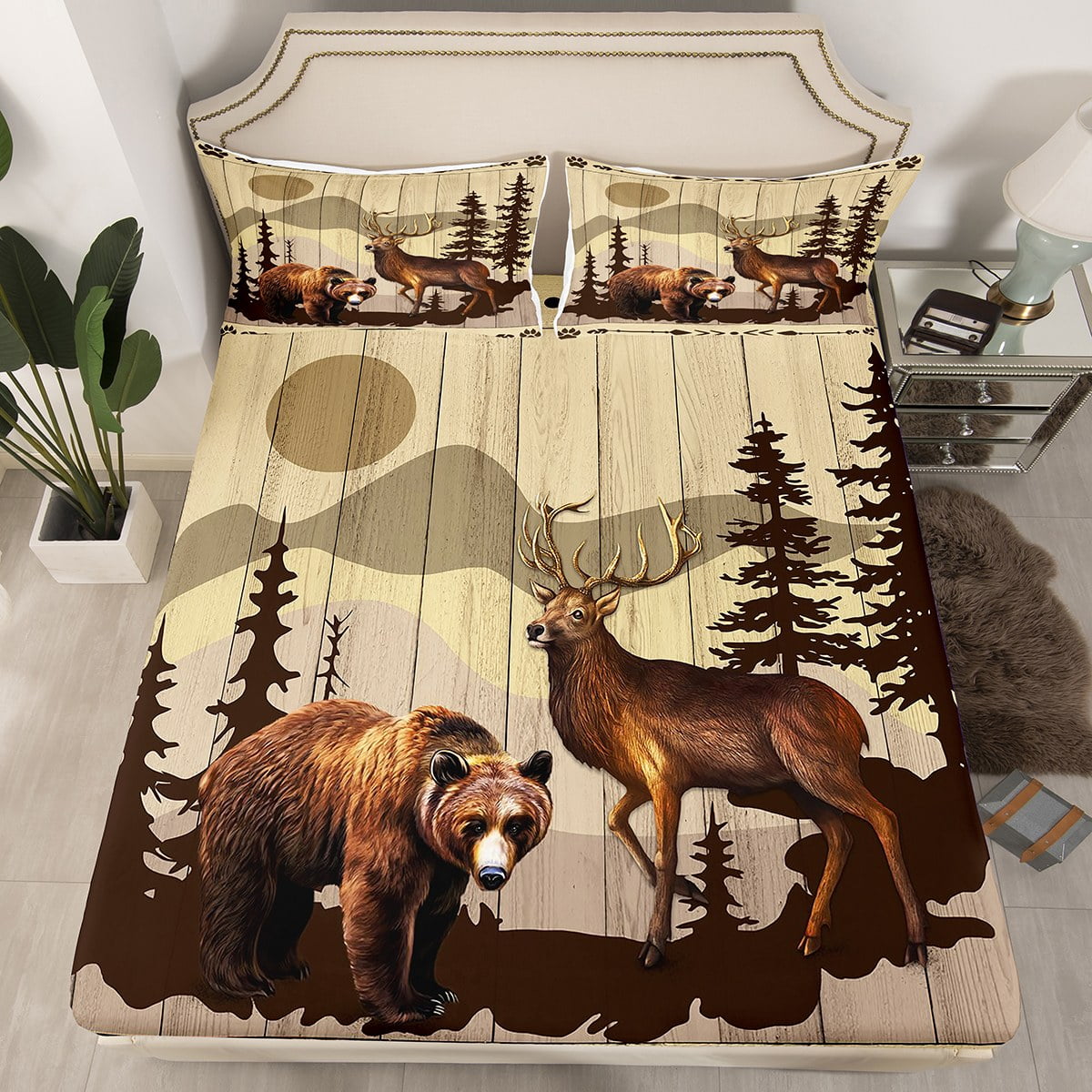Wild Bear Bed Sheets Deer Hunting Bedding Set Woodland Animals Moose ...