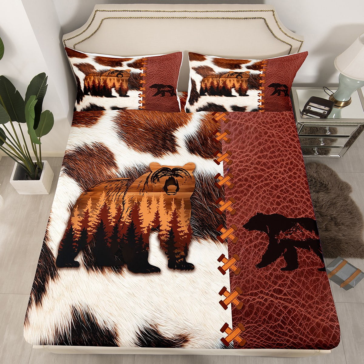Wild Bear Bed Sheets Twin,Cow Print Fitted Sheet Patchwork Cowhide ...