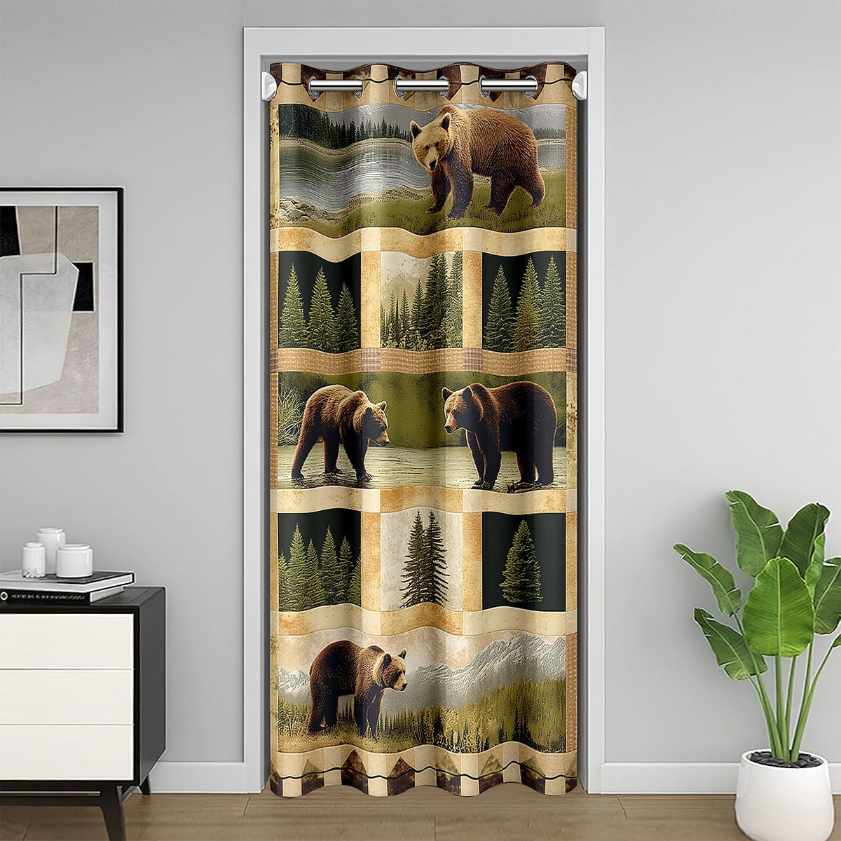 Wild Bear Door Curtain,Rustic Lodge Cabin Jungle Pine Trees Doorway ...