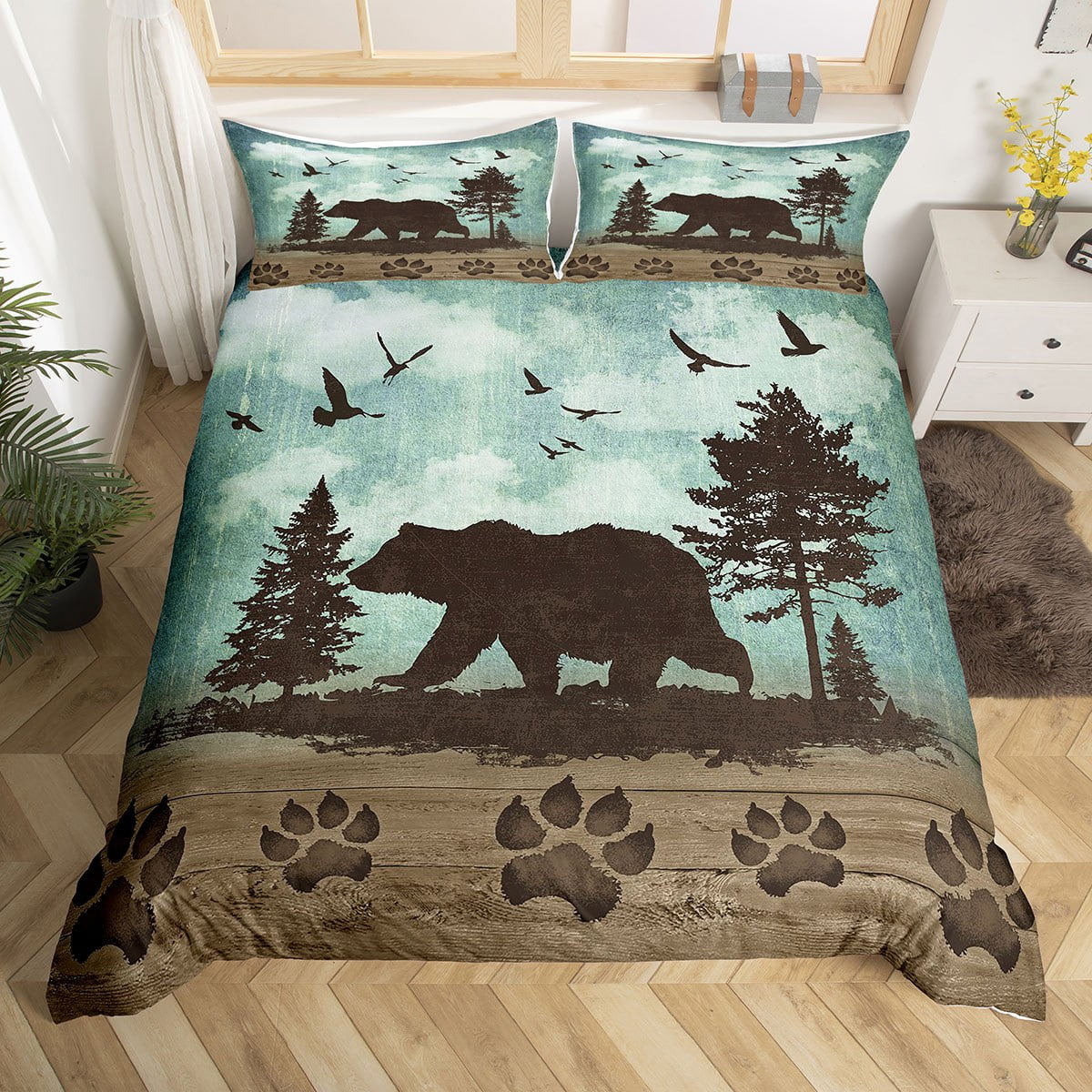 Wild Bear Duvet Cover Rustic Pine Trees Twin Bedding Sets for Girls ...