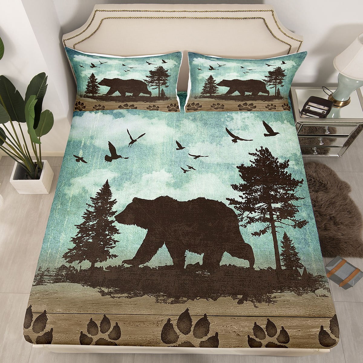 Wild Bear Fitted Sheet Rustic Pine Trees Full Bed Sheets,Woodland ...