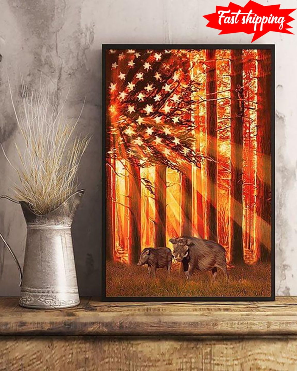 Wild Boar In The Forest & American Flag 24 x 36 Inch Poster - Walmart.com