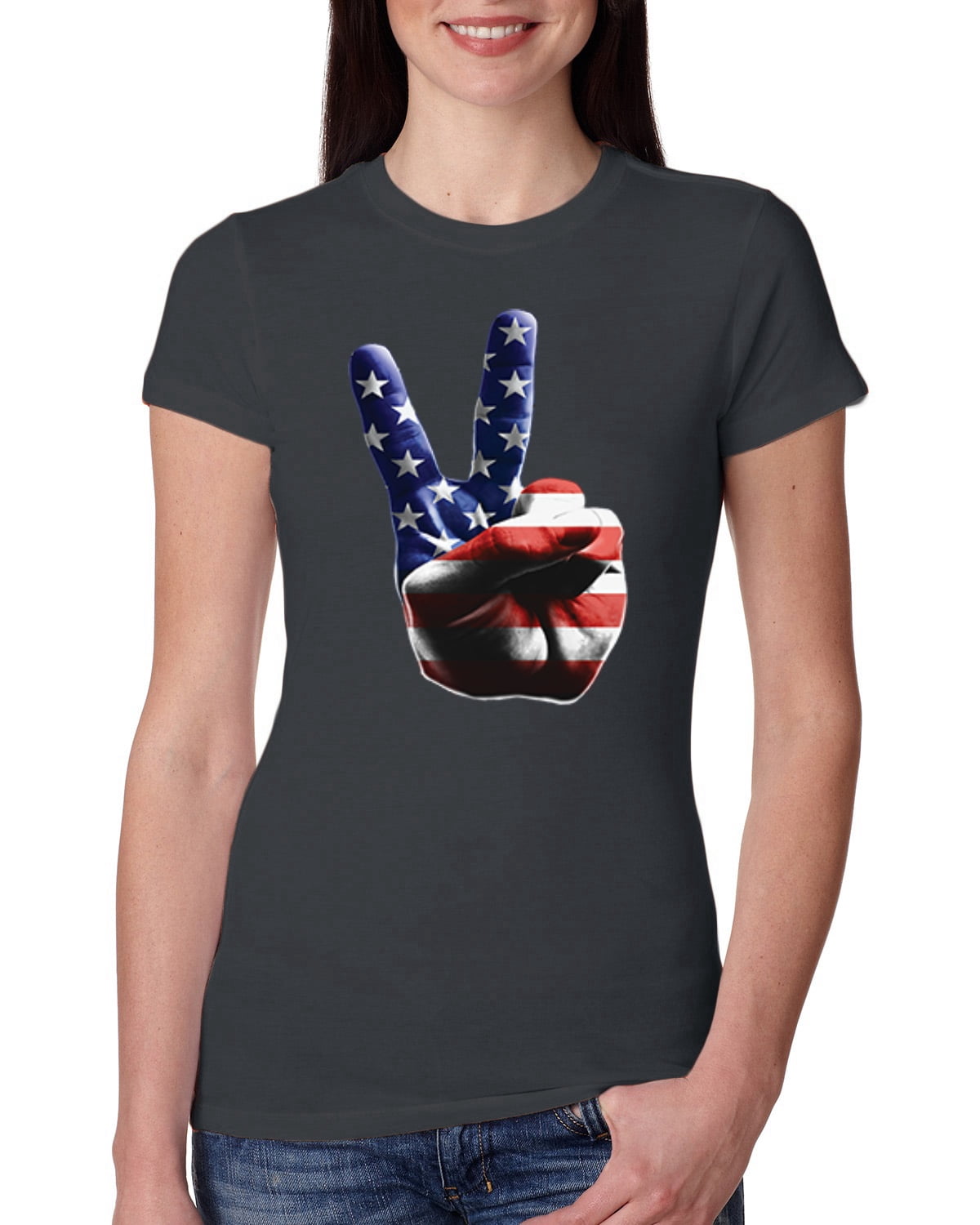 American Flag Peace Sign Hand Pop Culture Womens Slim Fit Junior Tee ...