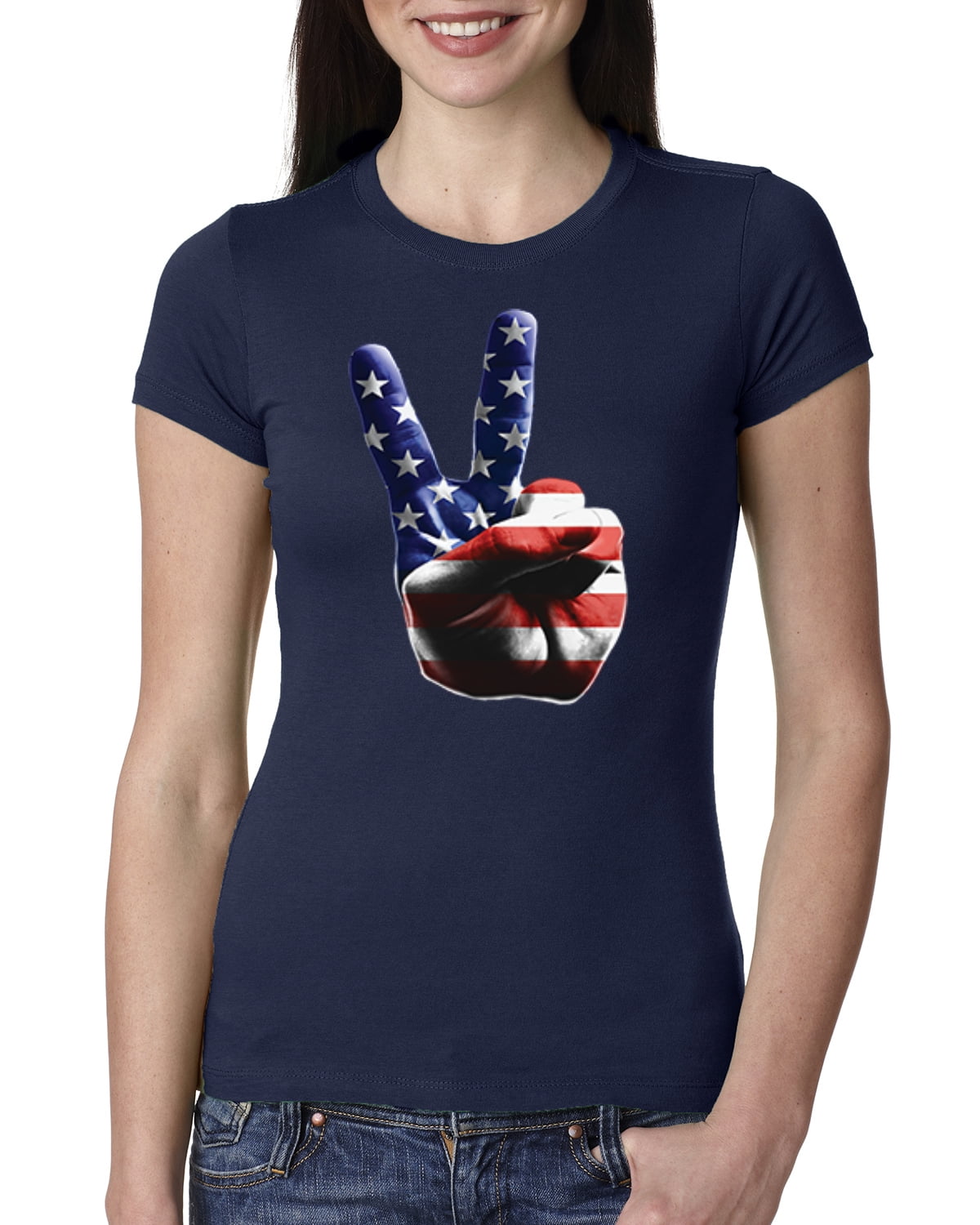 Wild Bobby, American Flag Peace Sign Hand Pop Culture Womens Slim Fit ...