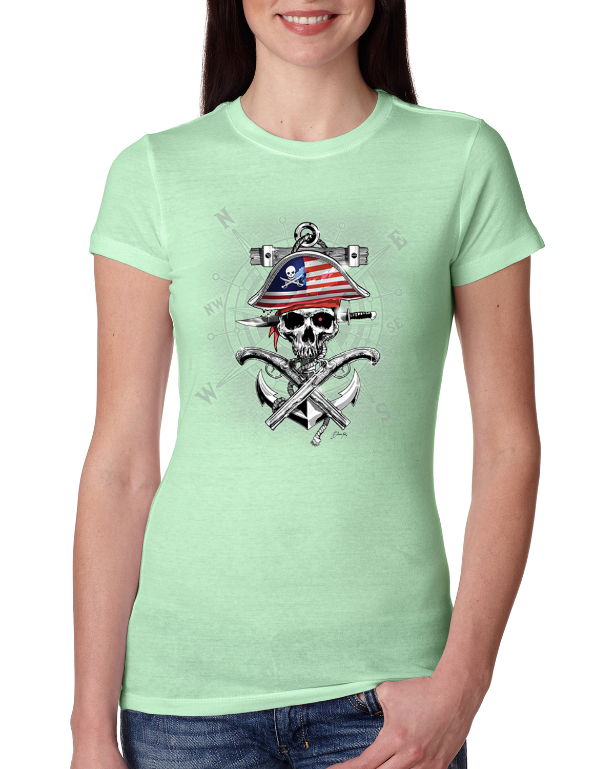 Wild Bobby American Pirate Skull Compass Women Slim Fit Junior Tee ...