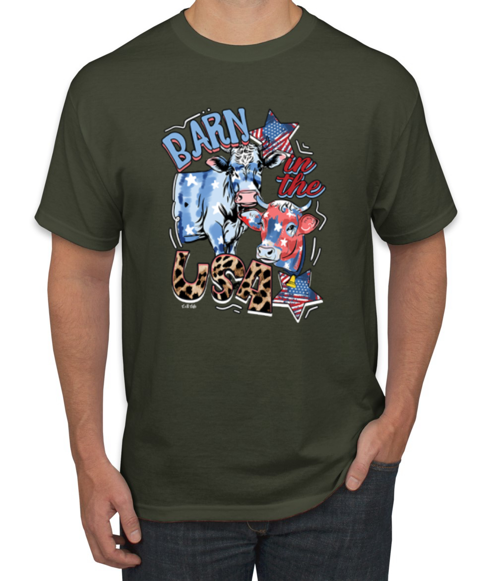 Wild Bobby Barn In The USA Red White and Blue Cows Pop Culture Men Tee ...