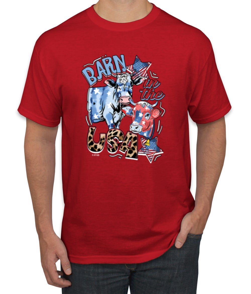 Wild Bobby Barn In The USA Red White and Blue Cows Pop Culture Men Tee ...