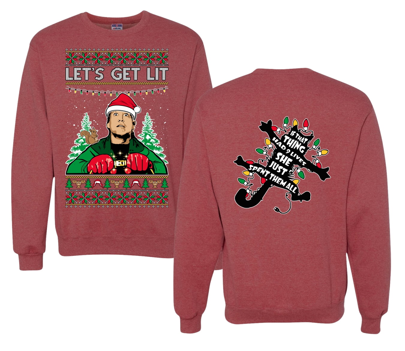 Wild Bobby Let's Get Lit Clark Vacation Ugly Christmas Sweater Front and Back Unisex Crewneck ...