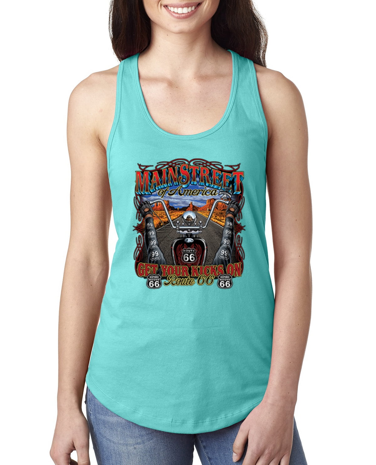 Wild Bobby, Main Street of America Route 66 Bike Motorcycle Cars and Trucks Ladies Racerback ...