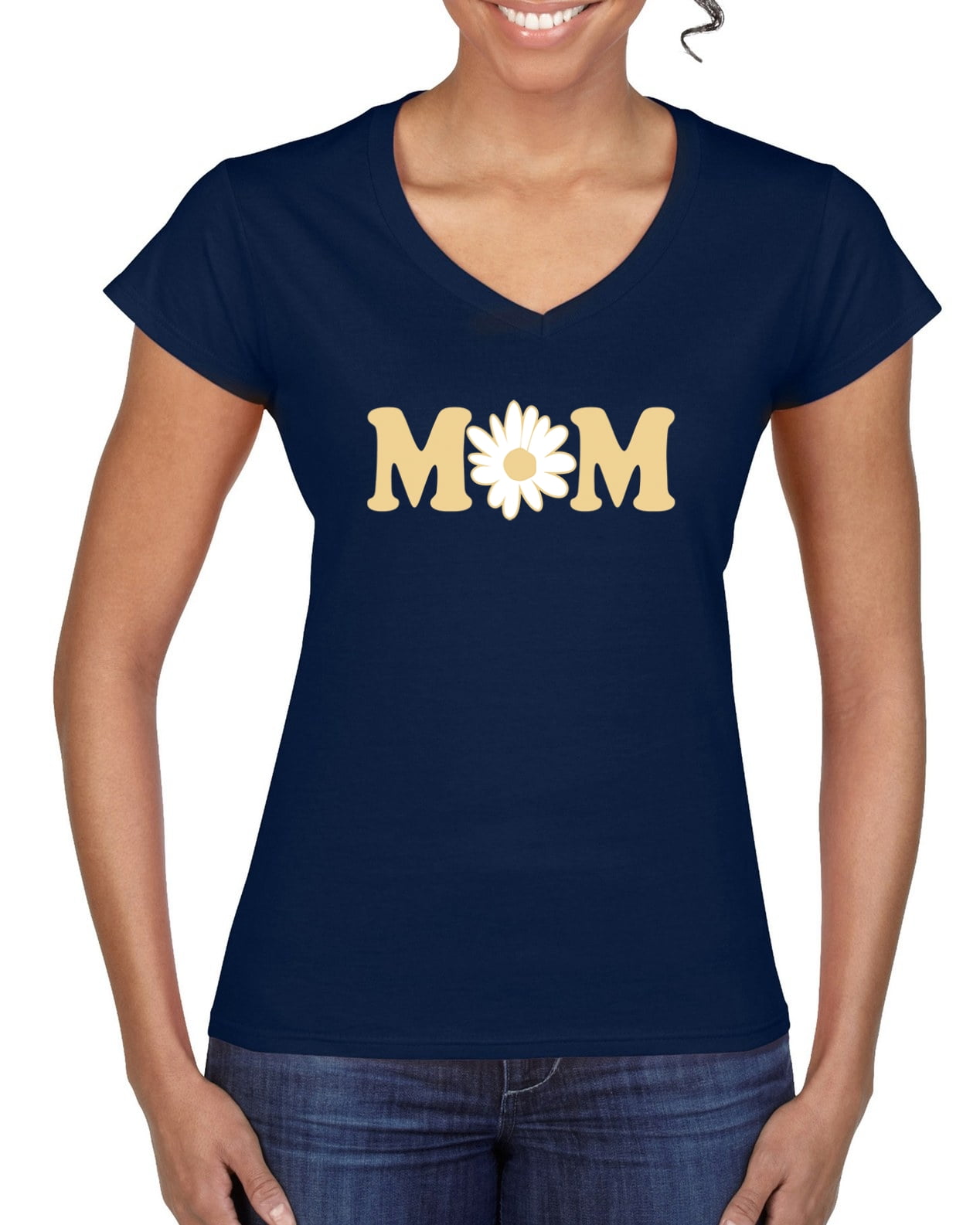 Wild Bobby, Mom Daisy Mother's Day Women’s Standard V-Neck Tee, Navy ...