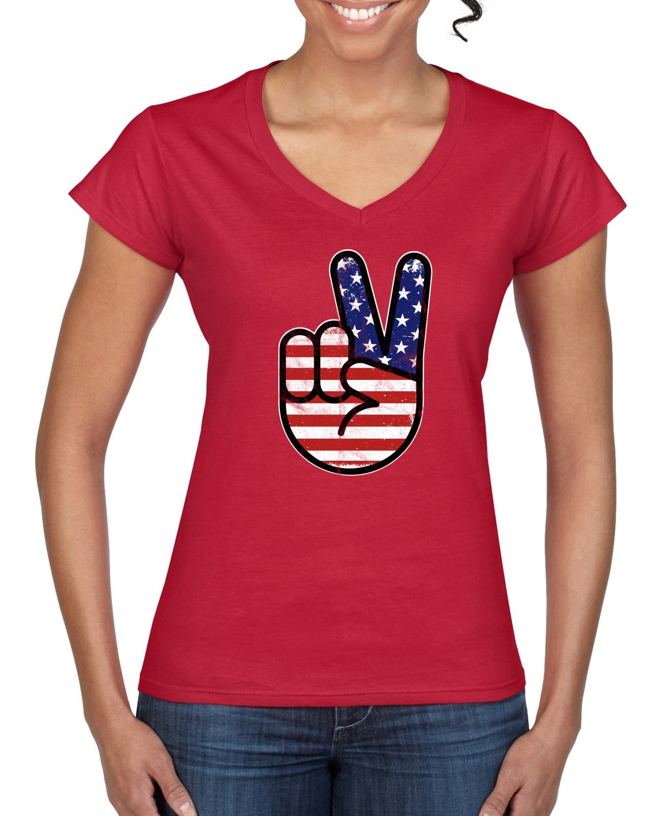 Wild Bobby USA Flag Peace Sign Hand Women Standard V-Neck Tee - Walmart.com