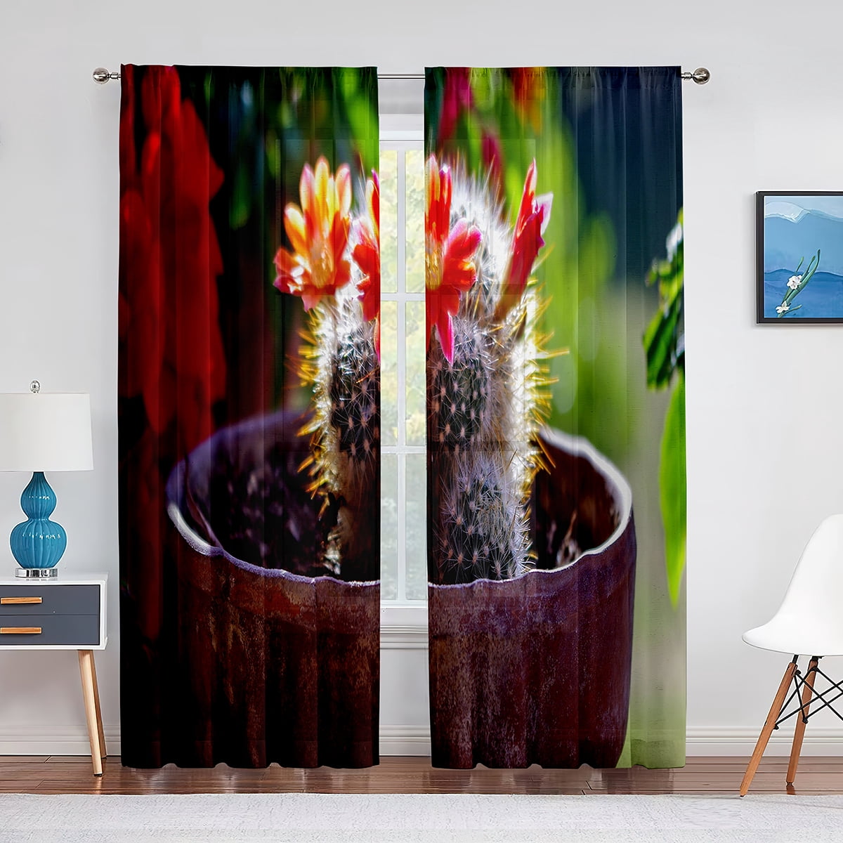 Wild Cactus Tropical Plant Leaf Sheer Curtain for Living Room Bedroom ...