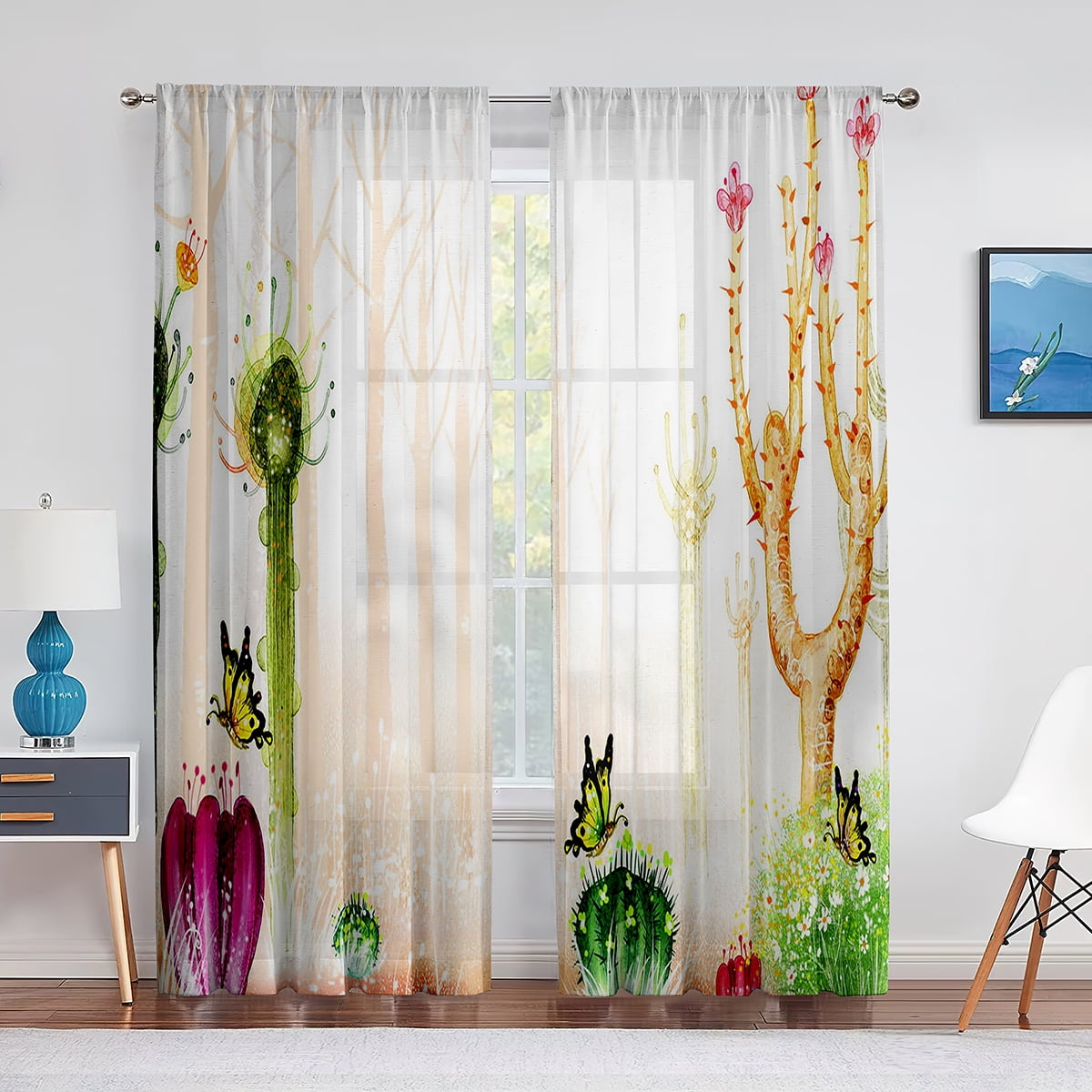 Wild Cactus Tropical Plant Leaf Sheer Curtain for Living Room Bedroom ...