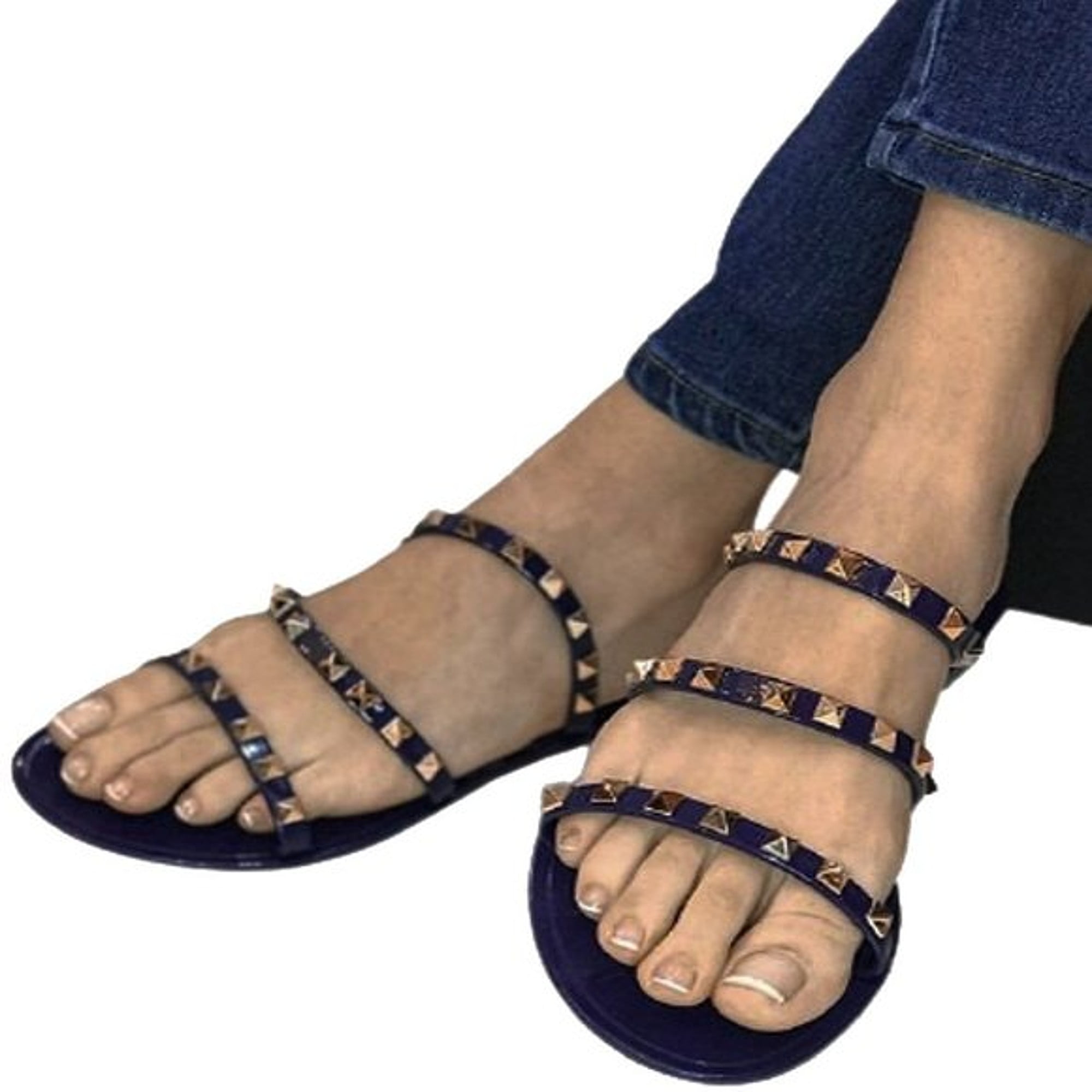 Wild Diva Joanie-211 3 Women's Strappy Caged Gold Pointed Studs Slip-on ...