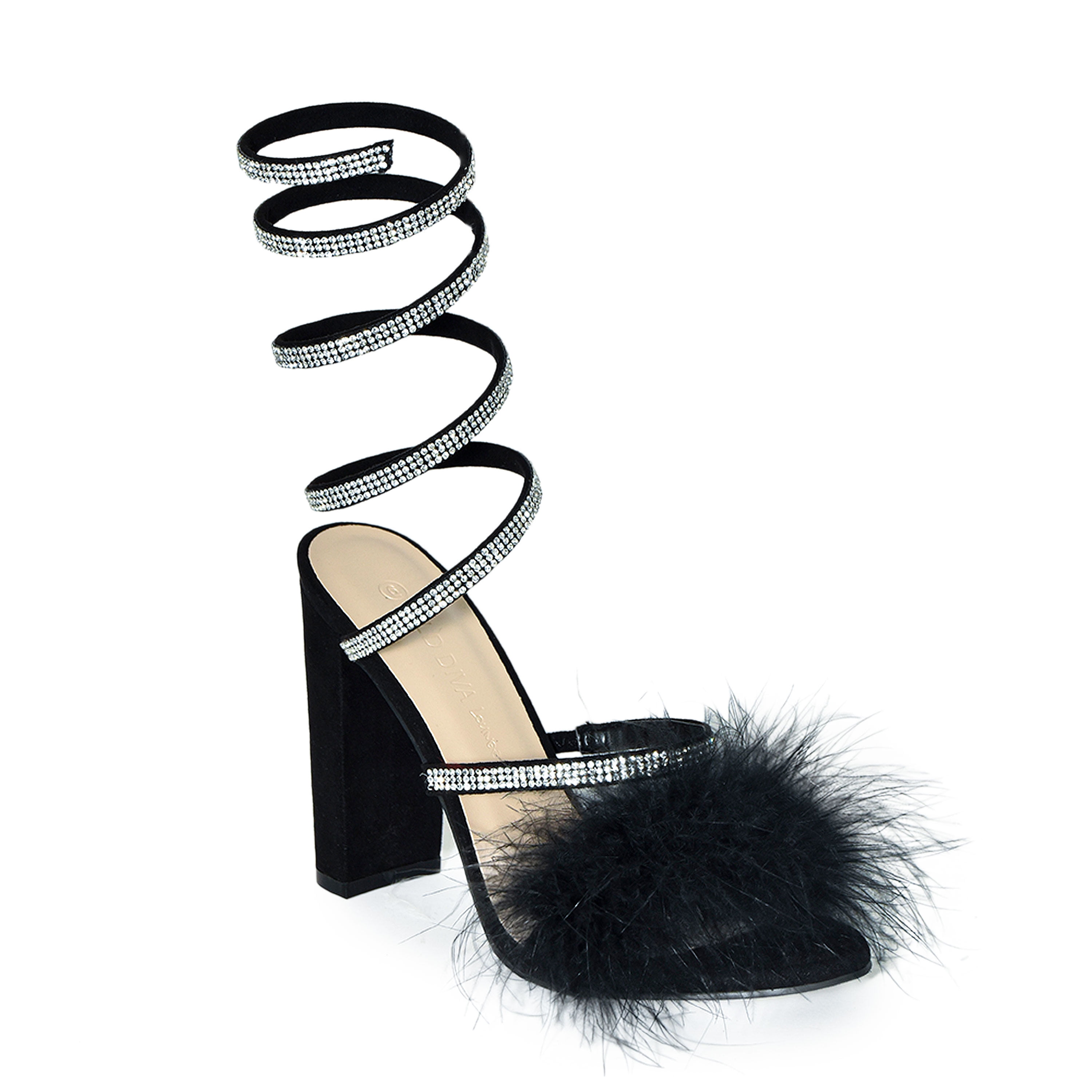 Wild Diva MORRIS-573 Feather Rhinestone Embellished Wrap Around Chunky Block Heel Sandals (Black ...