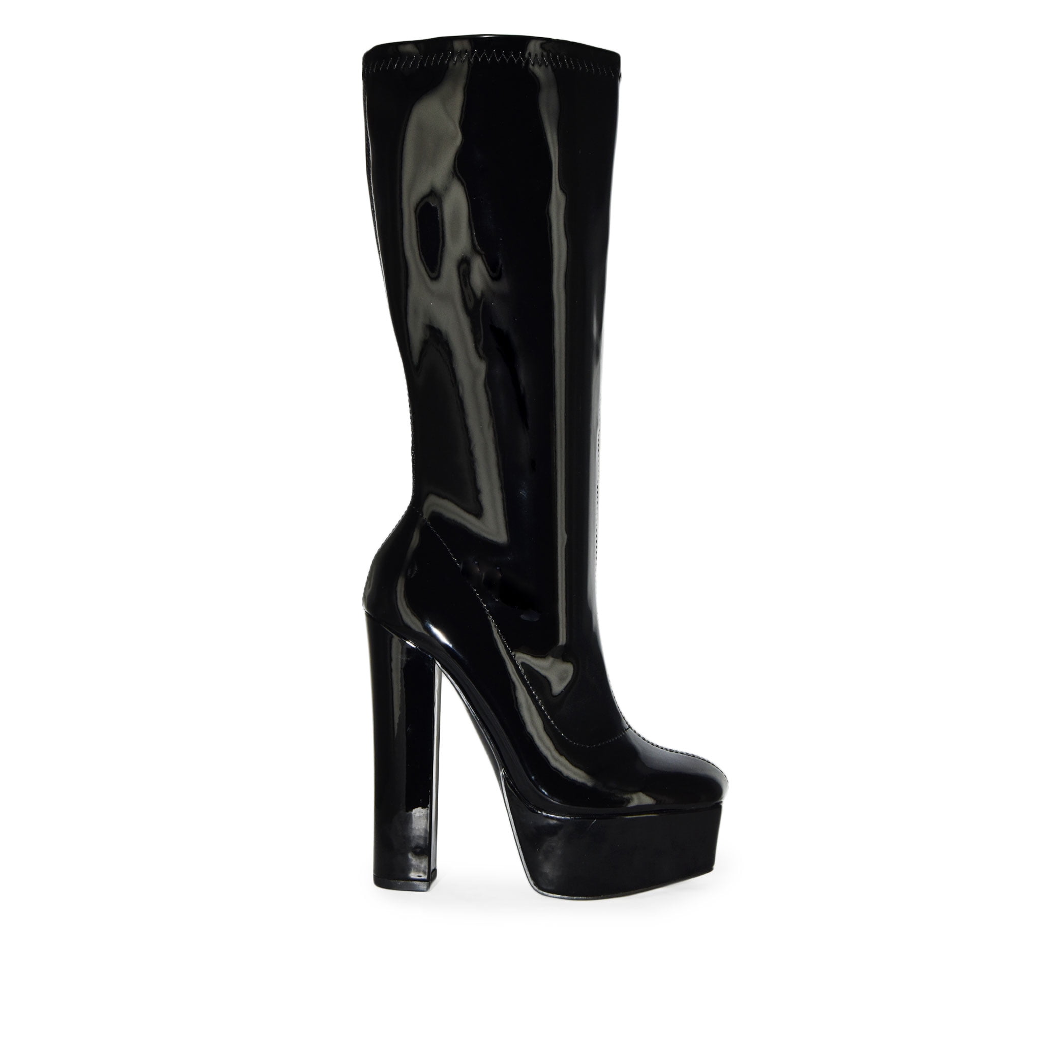 Wild Diva Retro Mid Calf Patent Chunky Block Platform Heel Boots (Black ...