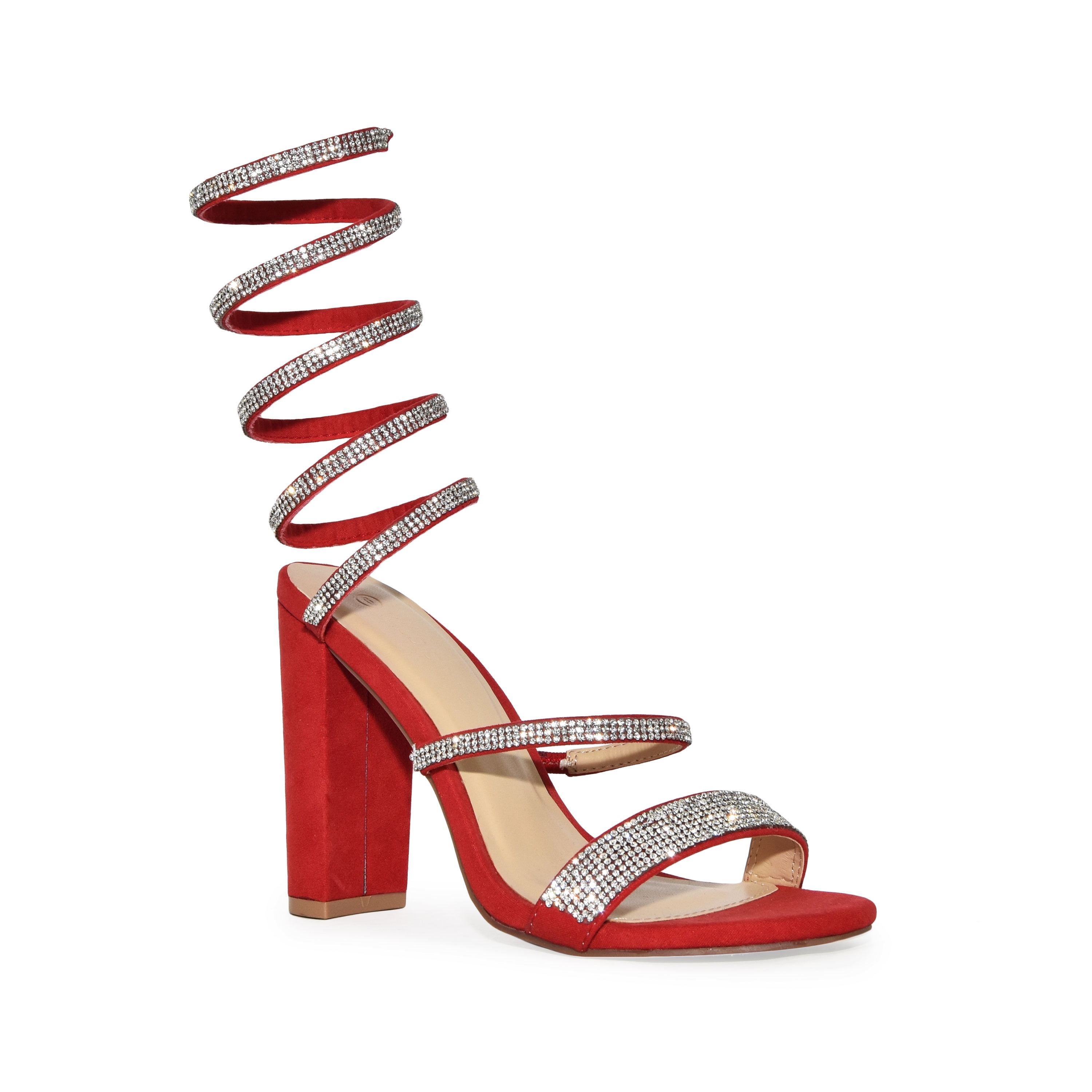 Wild Diva Spiral Rhinestone Strappy Ankle Chunky Block Heels (Red, 6 ...