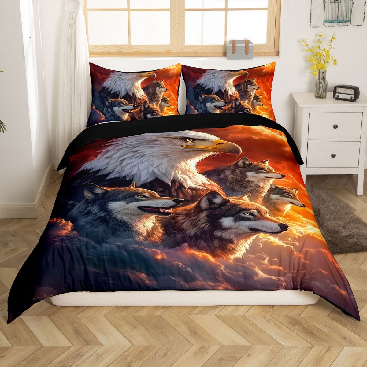 Wild Eagle Duvet Cover Set King Size,Hunt Wolf Animal Adventure Rustic Bedding Set, Room Decor ...