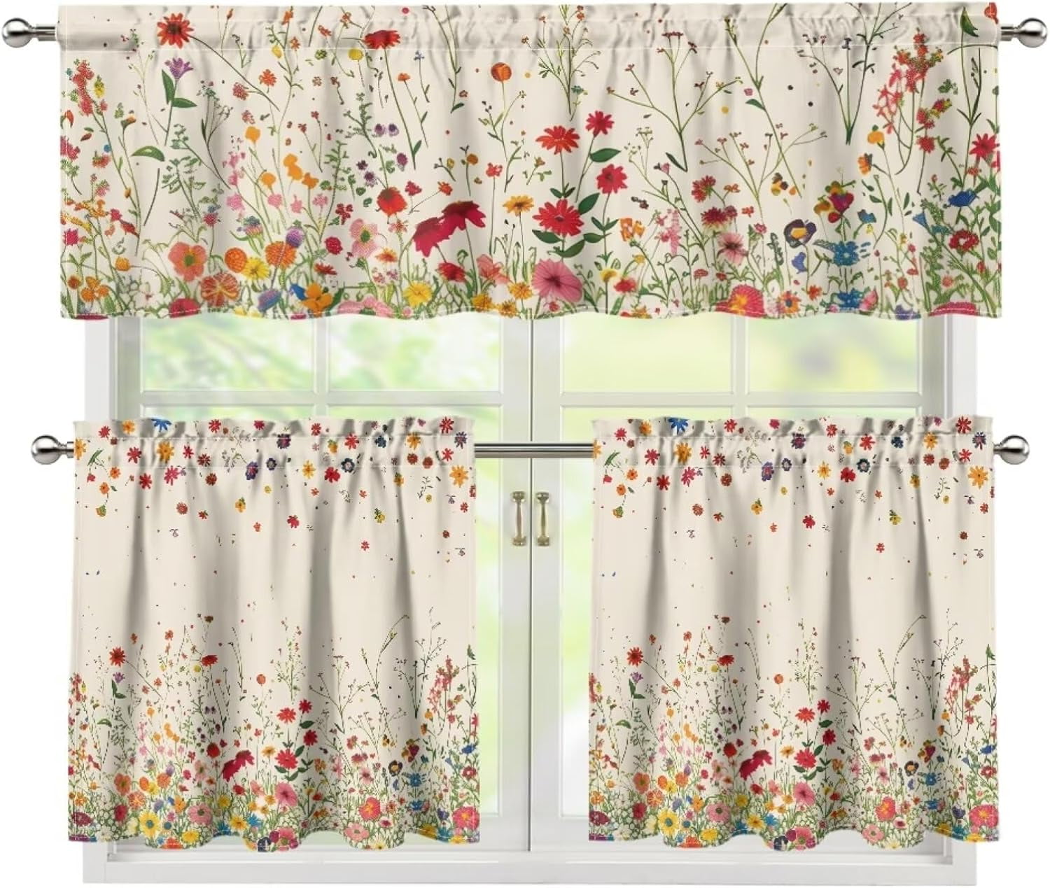 Wild Floral Flower Kitchen Curtain Tier&Valance Set 36" Length Tier ...