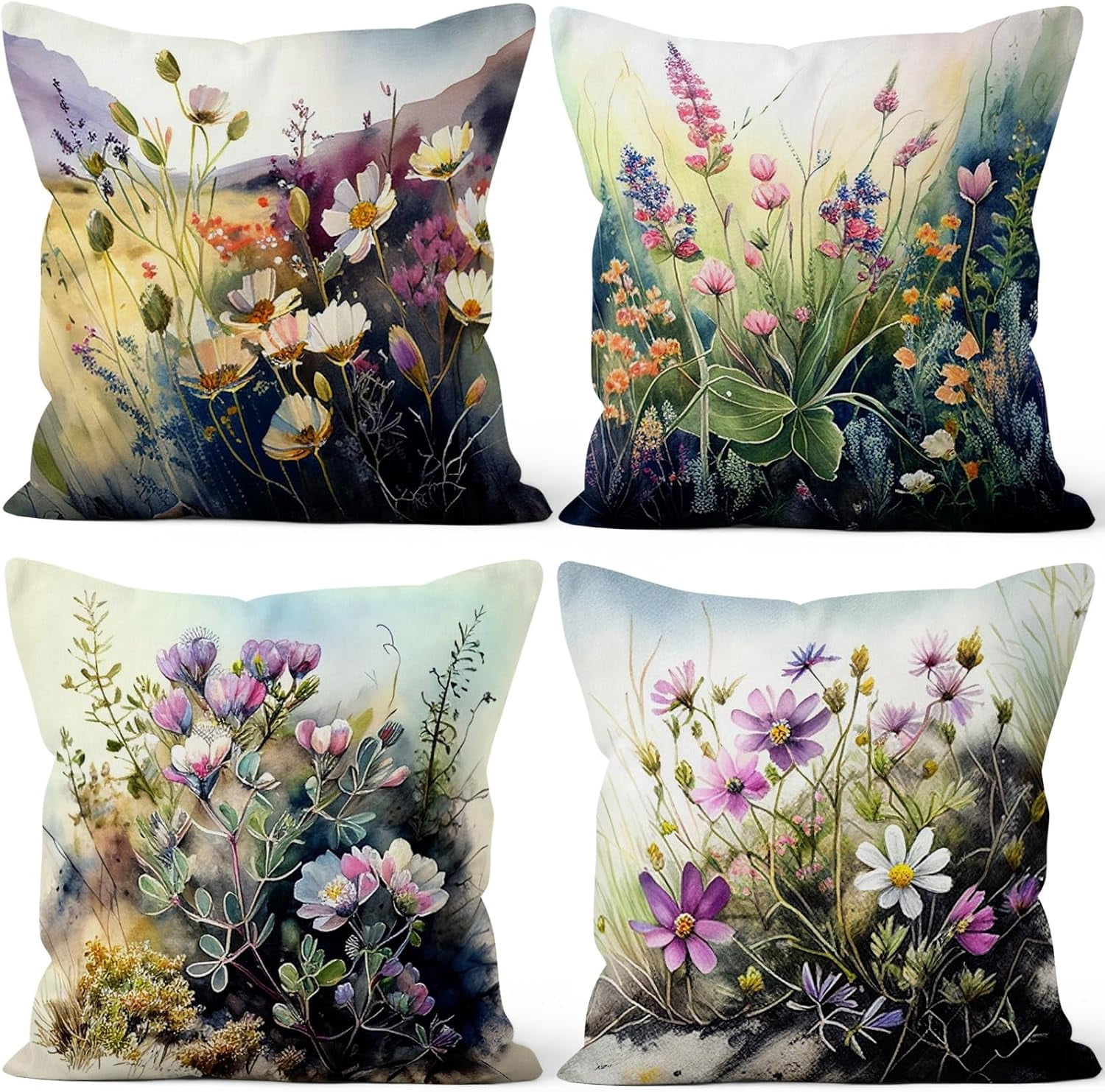 Wild Flower Throw Pillow Covers 18''''x18'''' Set of 4, Spring Blooming ...