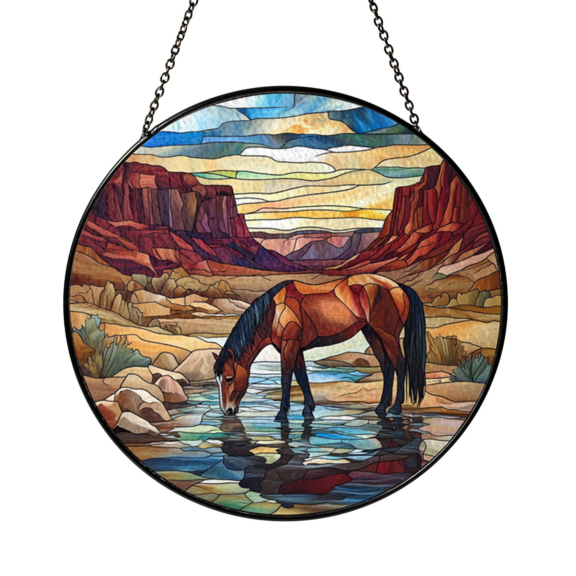 Wild Horse Stained Glass-Style Suncatcher, Desert Canyon Window Hanging ...