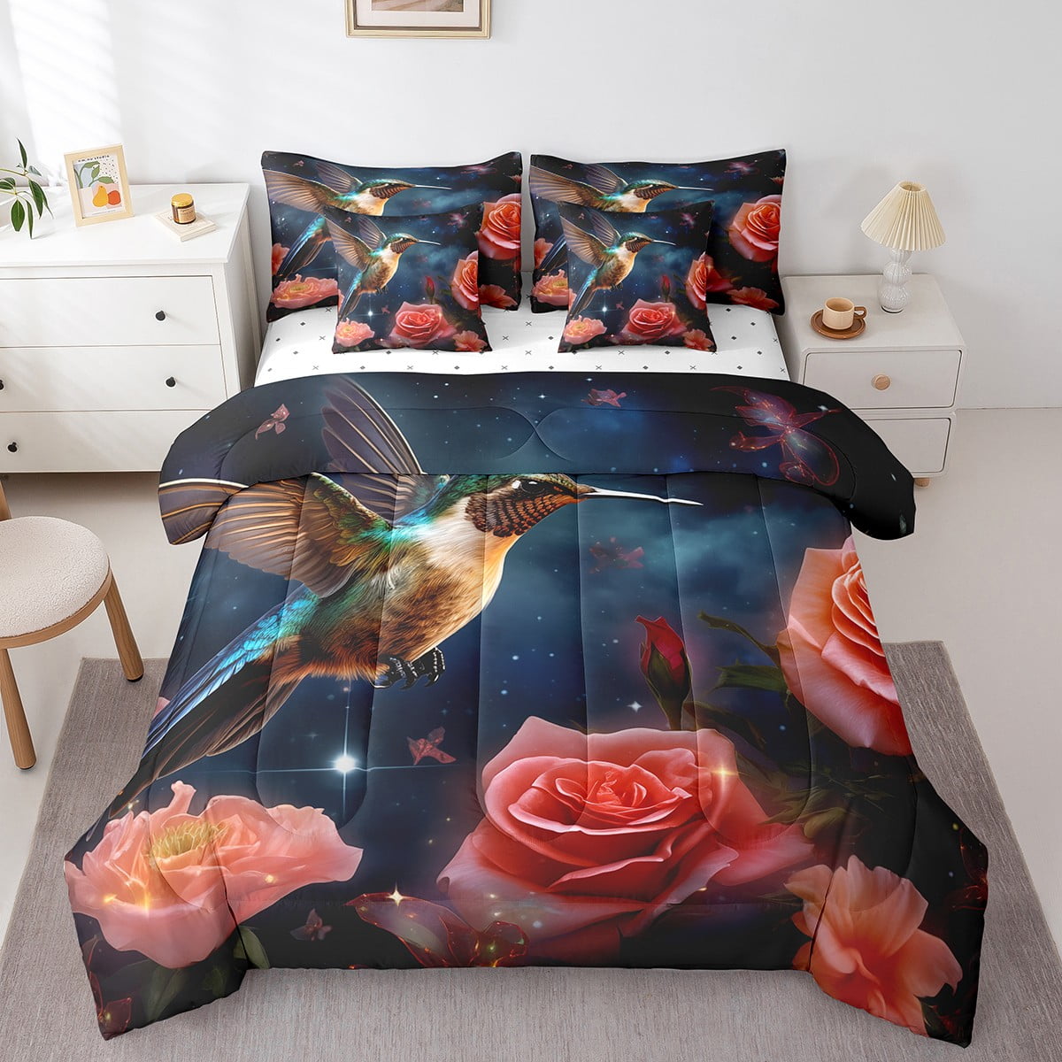 Wild Hummingbird King Comforter Set 7 Pieces Chic Rose Floral Bedding ...