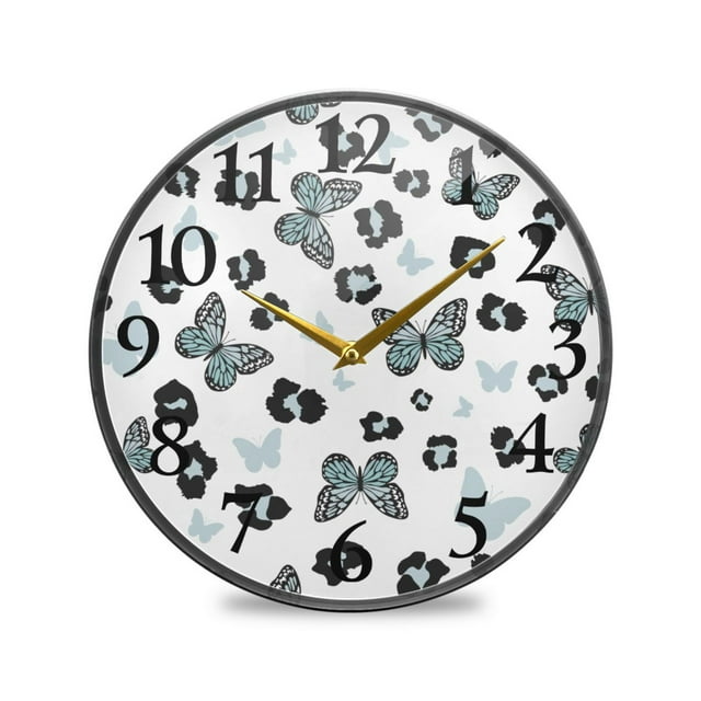 Wild Leopard Blue Butterfly Wall Clocks Battery Operated 9.5 Inch Round ...