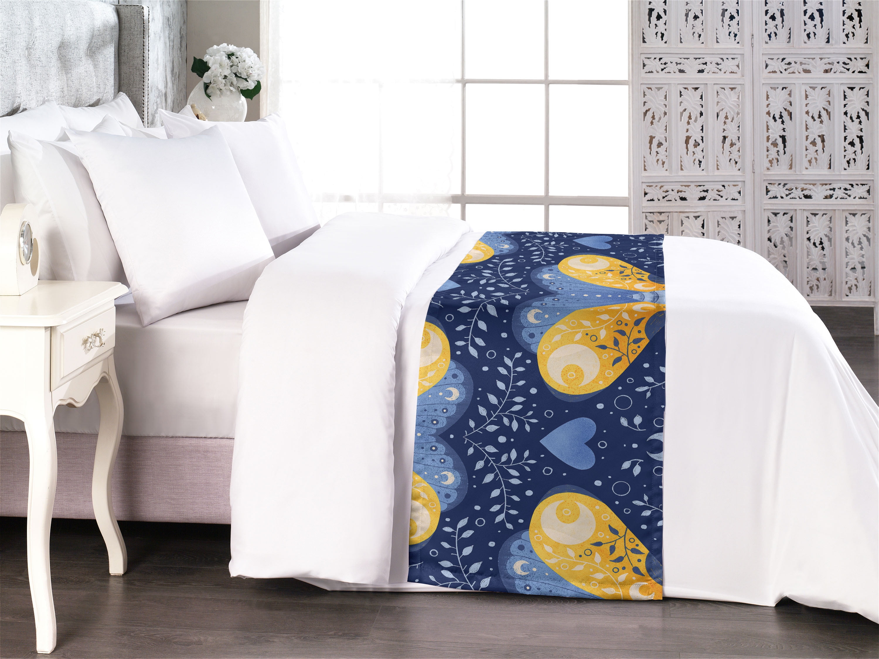 Wild Life Bed Runner, Celestial Inspired Moth Drawing With Moon and ...