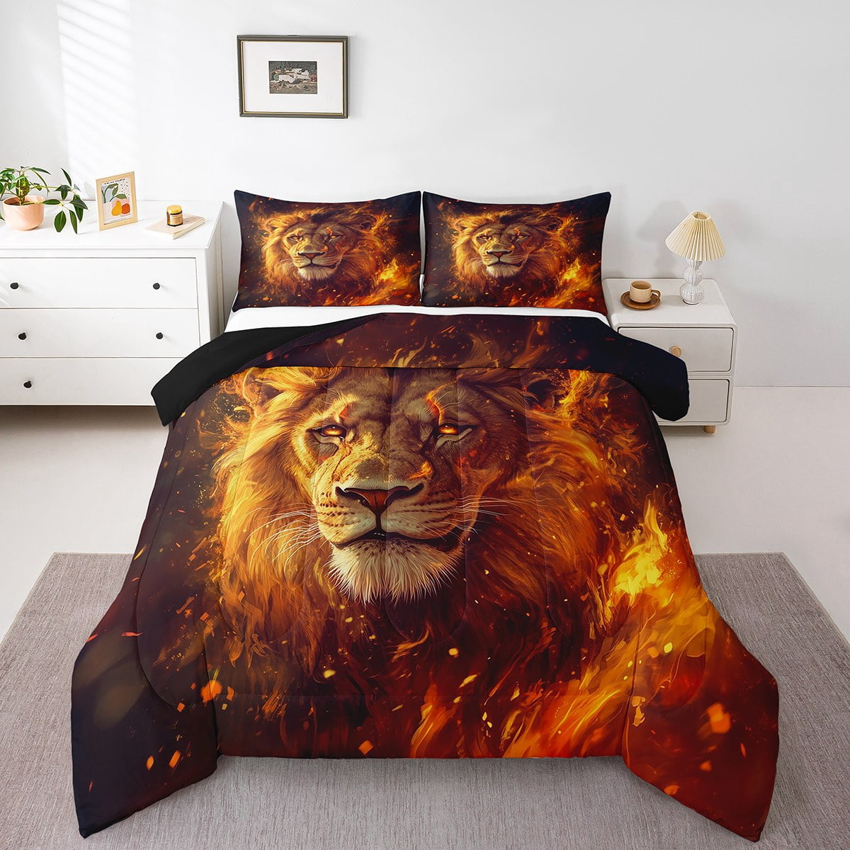 Wild Lion Comforter Set Gold Fire Cool Bedding Set 3D Lion Africa ...