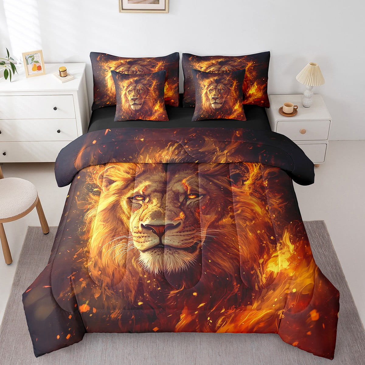 Wild Lion Comforter Set with Sheets Gold Fire Cool 7 Piece Bedding Set ...