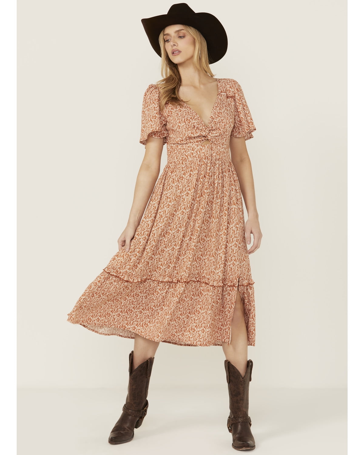 Wild Moss Women's Floral Print Short Sleeve Midi Dress Rust X-Large US ...