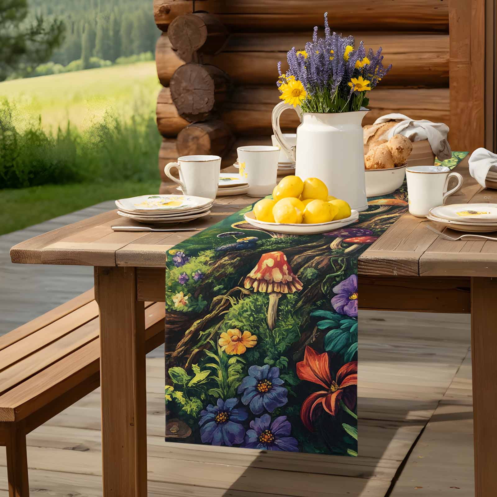 Wild Natural Forest Mushroom Table Runner 13x72in Non-Slip Cotton Linen ...