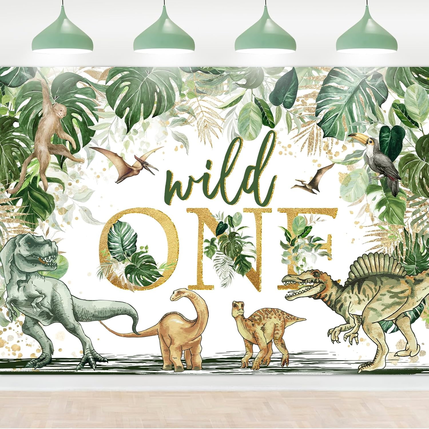 Wild One Backdrop Jungle Green Leaves Dinosaur 1st Birthday Backdrop ...