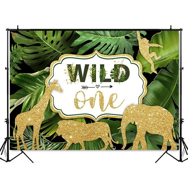 Wild One Birthday Background Gold Glitter Green Leaves Photo Backdrop ...