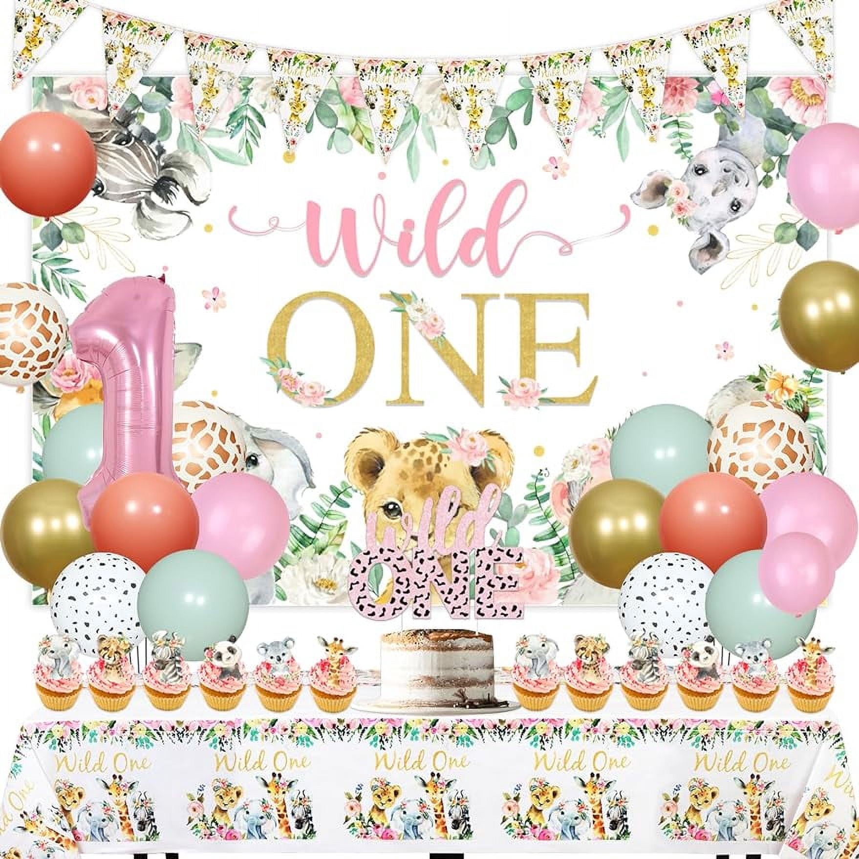 Wild One Birthday Decorations Girl Pink Leopard Jungle Safari Theme 1st ...