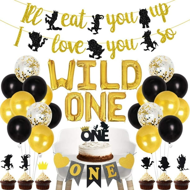 Wild One Birthday Party Decorations Set, Black Gold Wild One Balloons ...