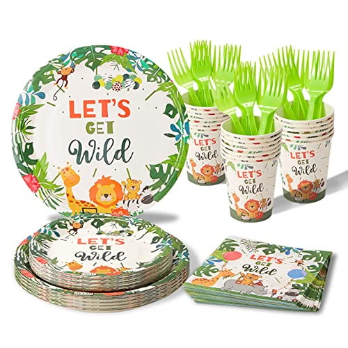 Wild One Safari Party Supplies - 100PCS Set Disposable Plates, Utensils ...
