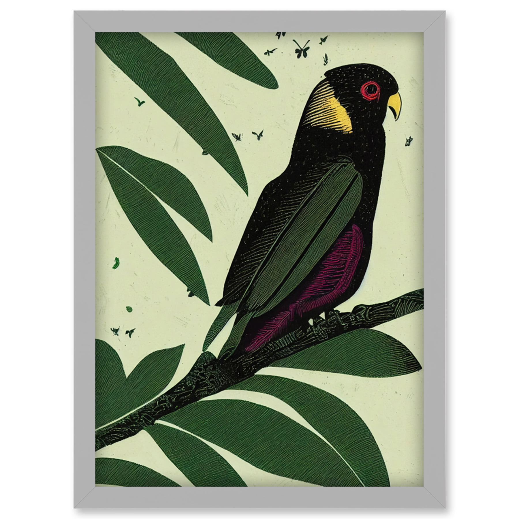 Wild Parrot On Tree Branch Vintage Linocut Illustration Artwork Framed ...