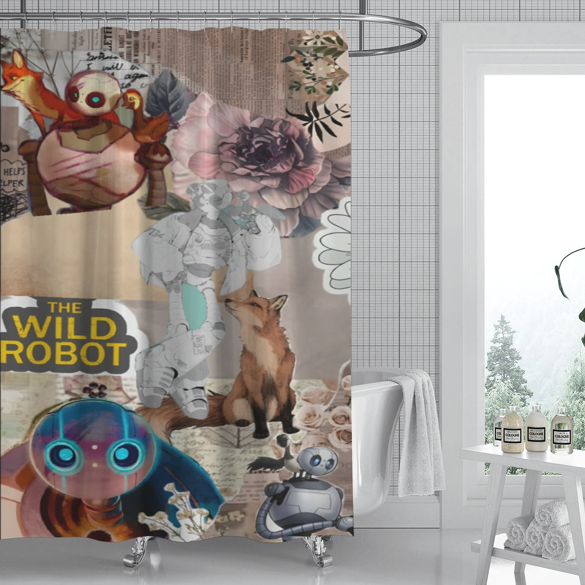 The Wild Robot shower curtain showcases an iconic artwork, is ...