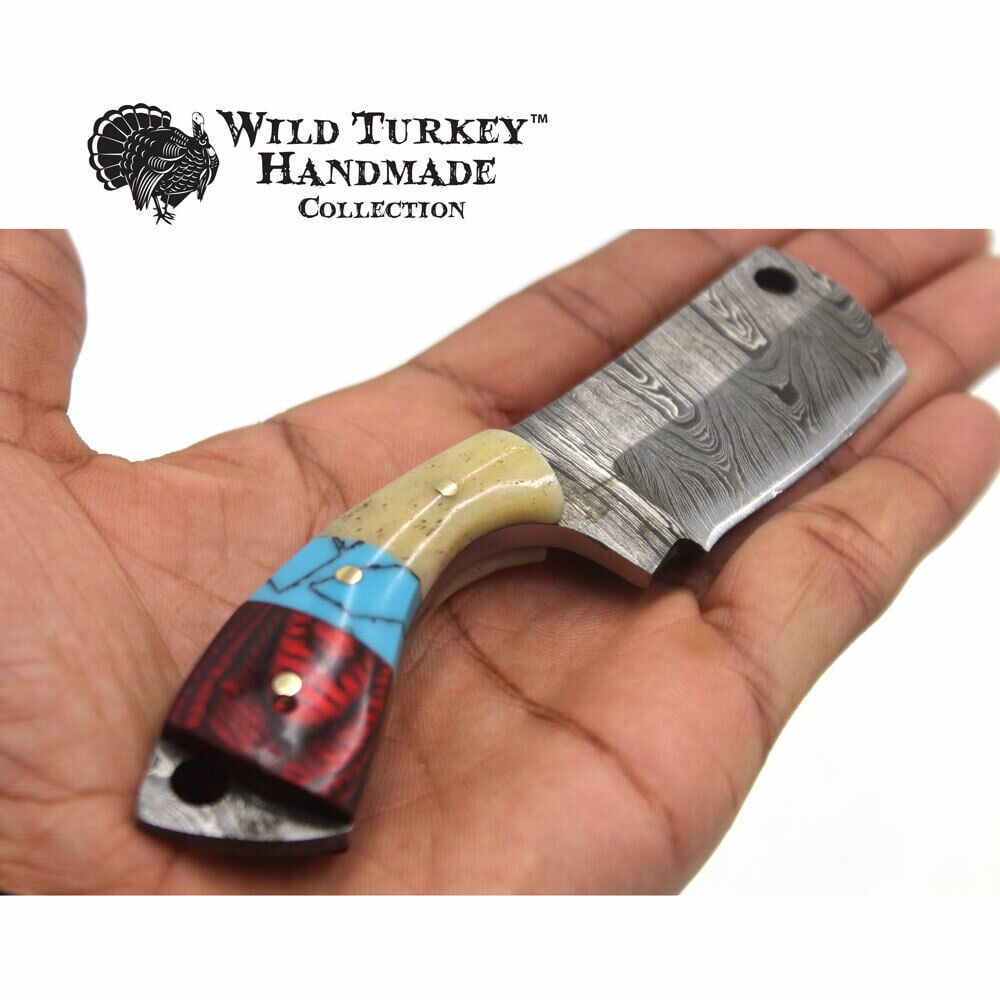 Wild Turkey Handmade Damascus Collection 5.5" Mini Fixed Blade Clever w ...