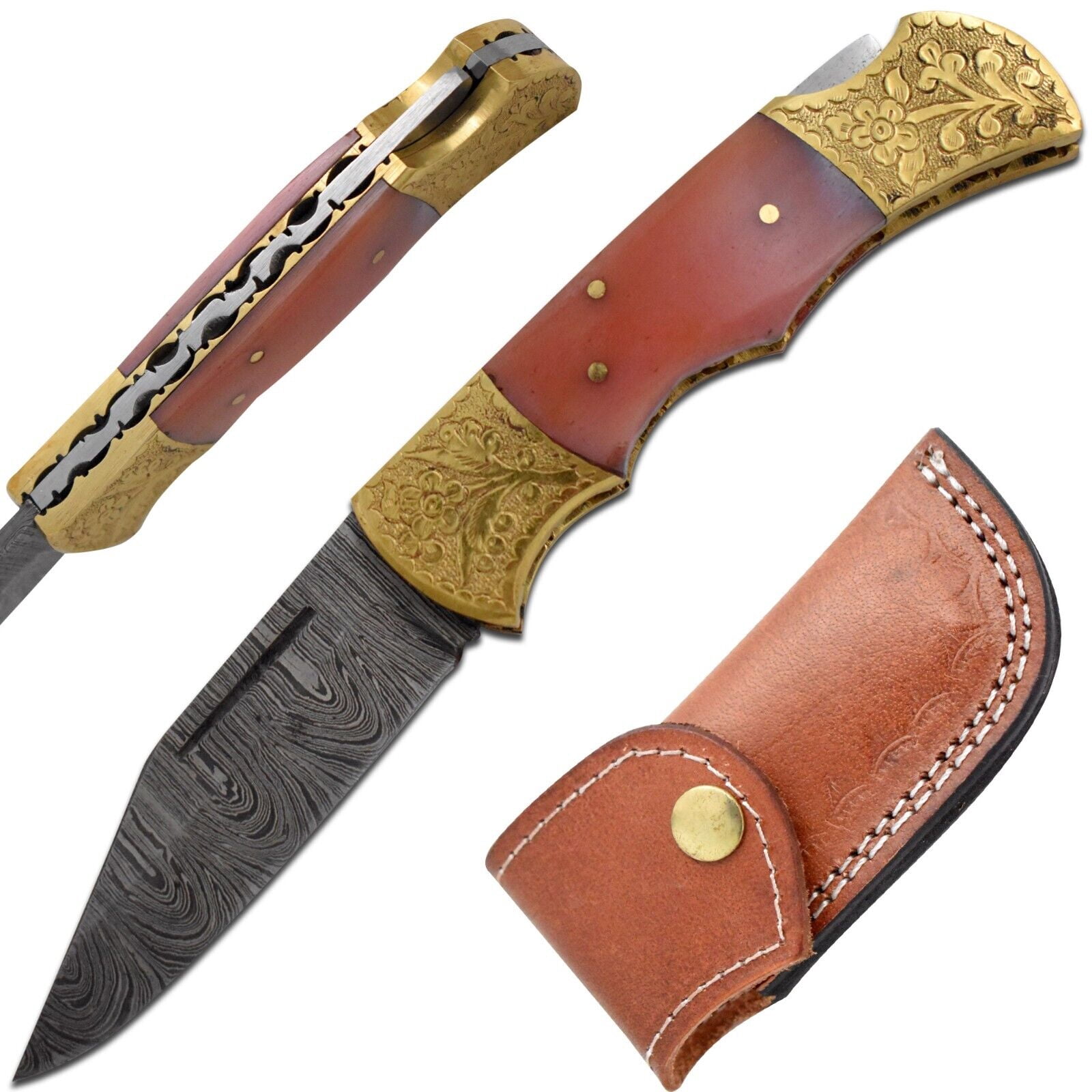 Wild Turkey Handmade Damascus Steel Collection Engraved Brass Folding ...