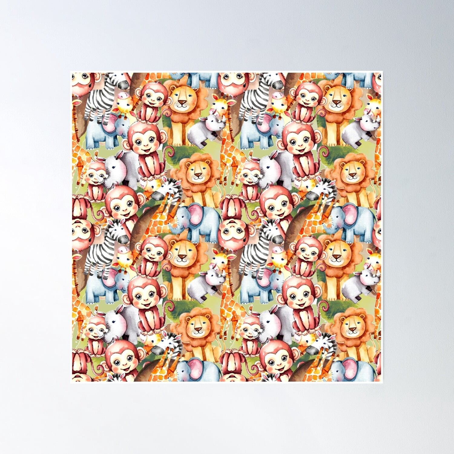 Wild Watercolor Safari Jungle Animals Repeat Pattern Poster Wall Art ...