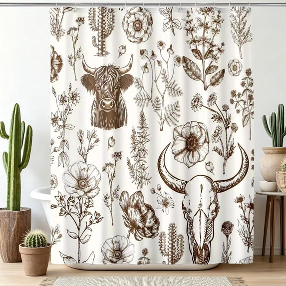 Wild West Bull Skull Shower Curtain Western Cactus Cow with Flowers ...