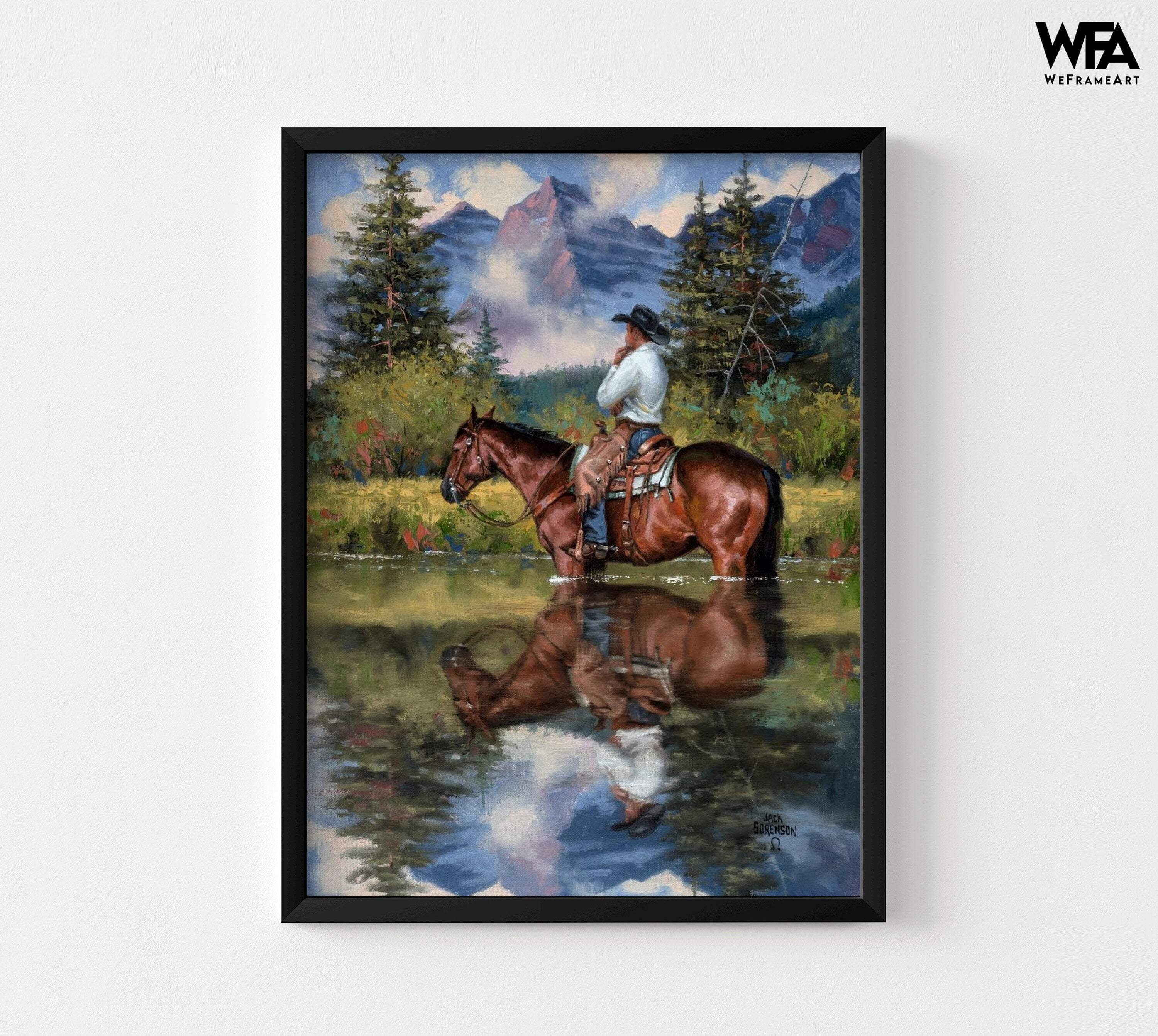 Wild Western Painting Print, Framed Cowboy Oil Painting Print, Horse ...