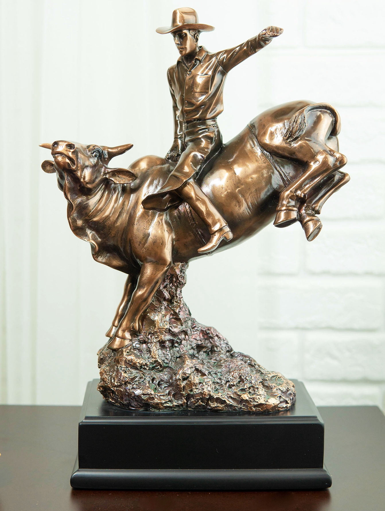 Wild Western Rodeo Cowboy With Bucking Bull Bronze Electroplated Statue ...