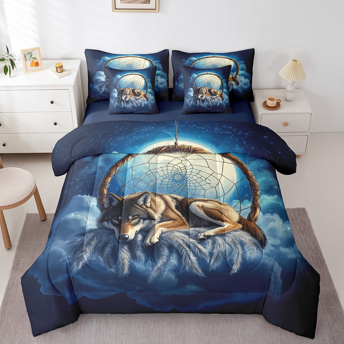 Wild Wolf 7 Pcs Comforter Set,Tribal Dreamcatcher Feather Bedding Set ...