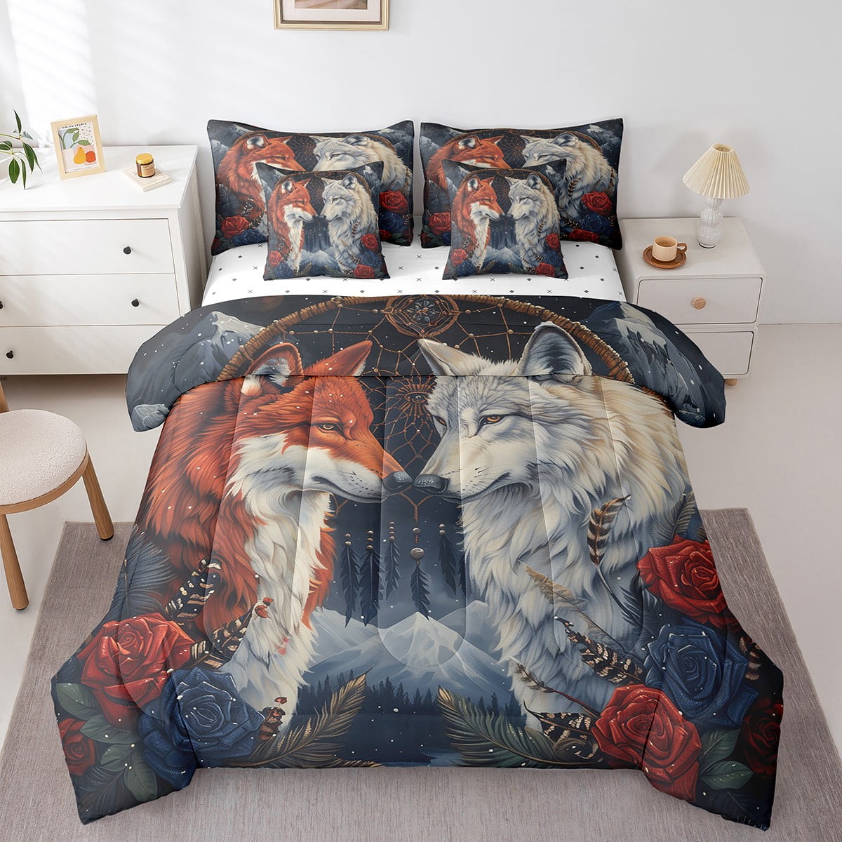 Wild Wolf Couple Bedding King Size 7pcs White Orange Animal Comforter ...